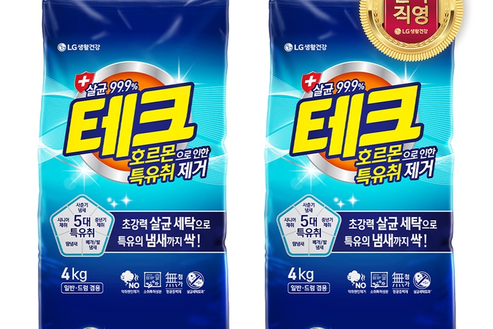 분말세탁세제 테크 호르몬 특유취 제거 실내건조 분말 세탁세제 일반드럼 겸용 리필 4kg X 2개 오늘의집 쇼핑
