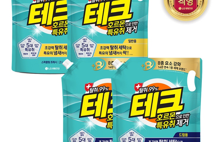 액체세탁세제 테크 호르몬 특유취 제거 실내건조 액체세제 리필 2l X 4개 일반드럼 택1 오늘의집 쇼핑